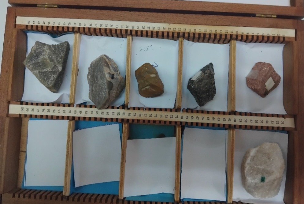 Identify the given rock types in the tray and name them. | Filo