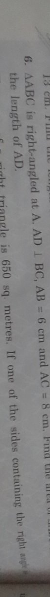 In triangle ABC, it is right-angled at A. AD is perpendicular to BC. AB