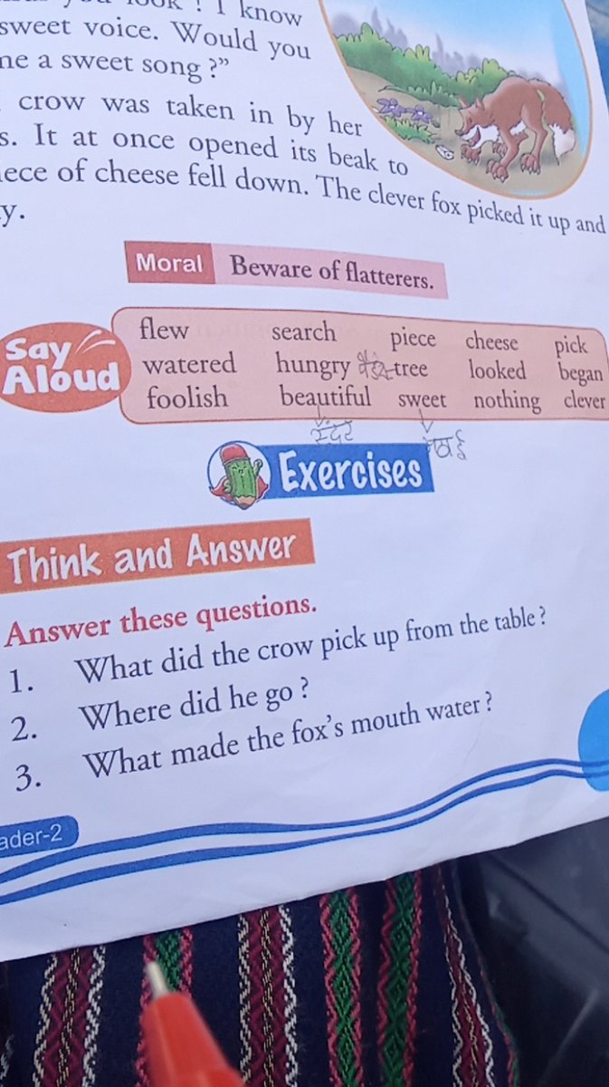 Answer these questions. What did the crow pick up from the table? Where d..