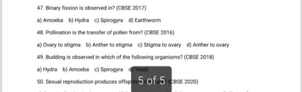 Binary fission is observed in? (CBSE 2017) a) Amoeba b) Hydra c) Spirogyr..