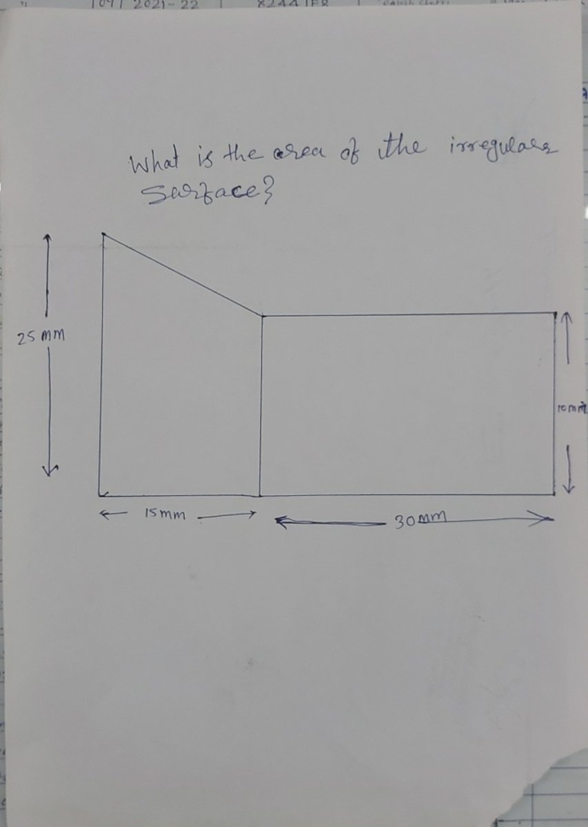 What is the area of the irregular surface shown in the diagram? Diagram