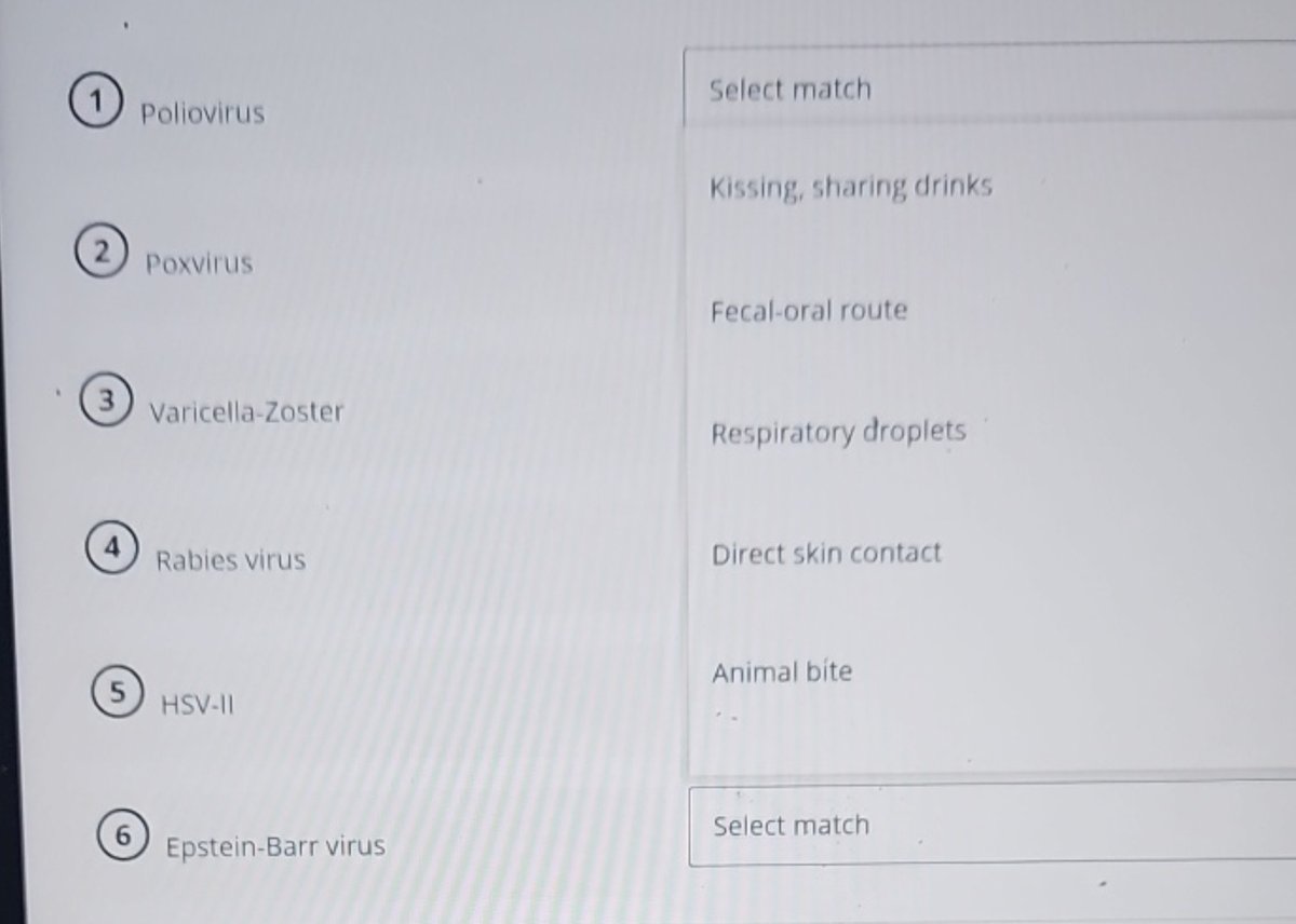 Match the following viruses with their primary mode of transmission: Vir..