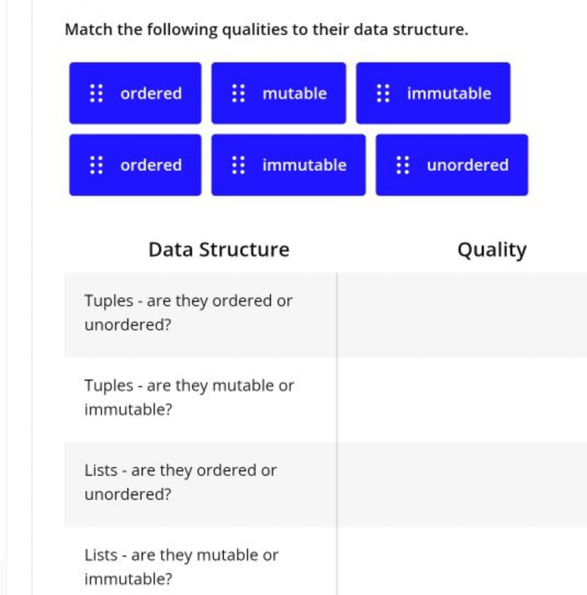 Match the following qualities to their data structure. ordered mutable im..