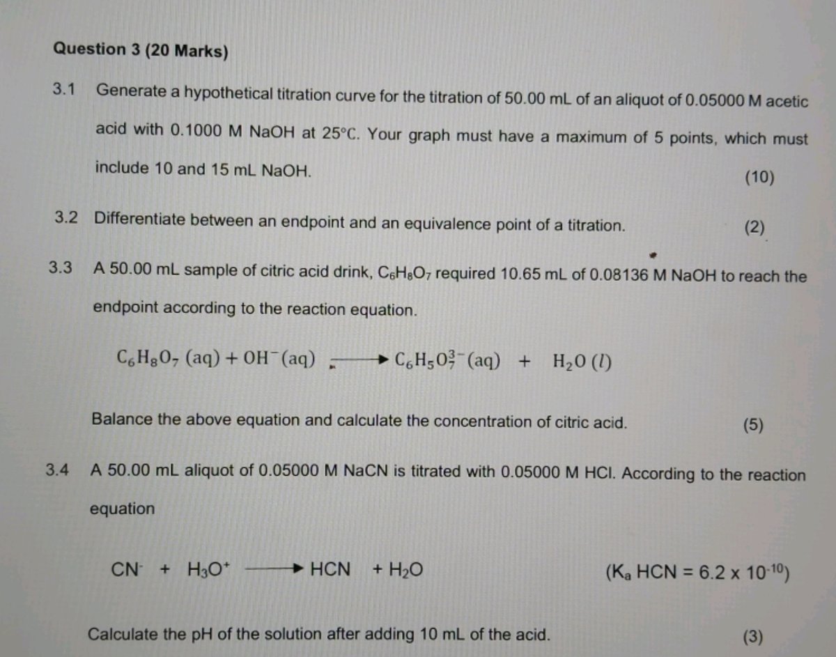 Question 3 (20 Marks) 1 Generate a hypothetical titration curve for the