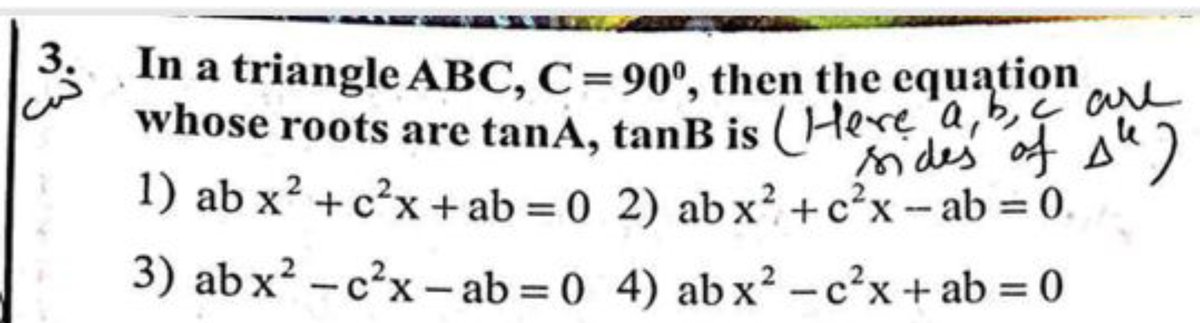 In a triangle ABC, where \angle C = 90^\circ, find the equation whose roo..