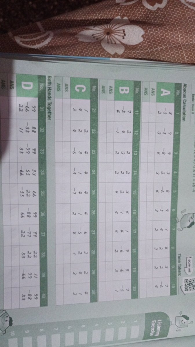 The image shows a worksheet for "Abacus Calculation" with four sections