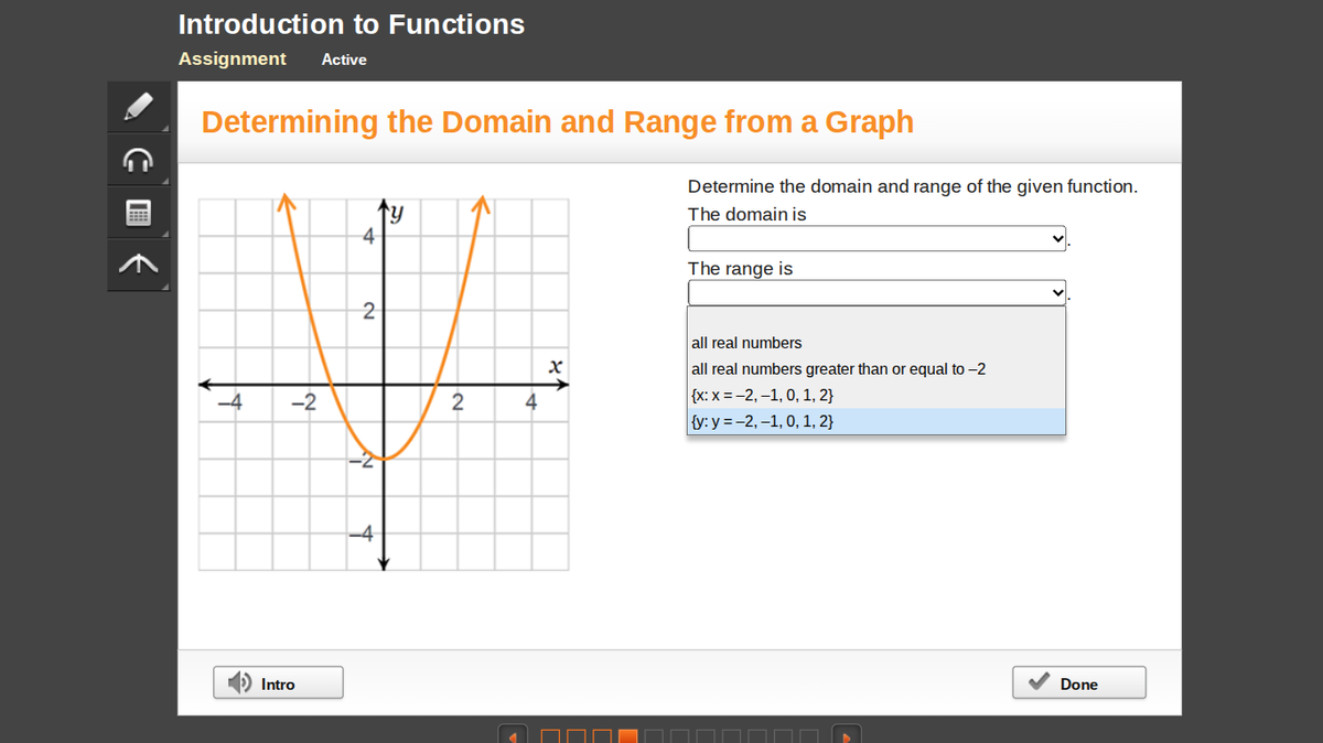 Determine the domain and range of the given function. Graph: A parabola