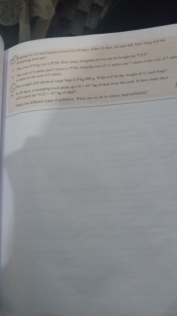 Here are a few questions: A group of 210 men had provisions for 60 days...
