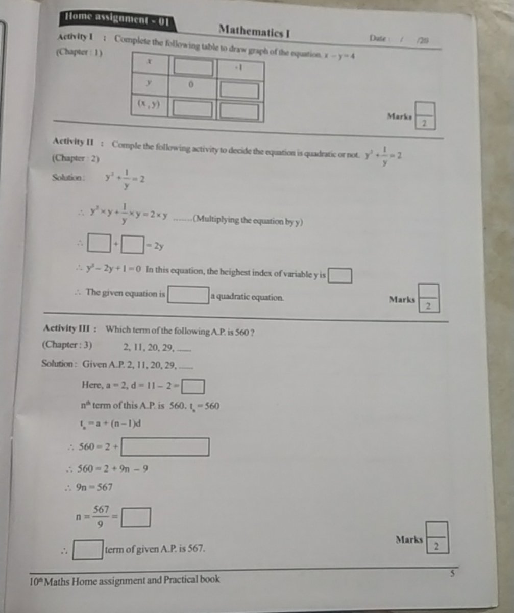 Activity I: Complete the following table to draw graph of the equation, x..