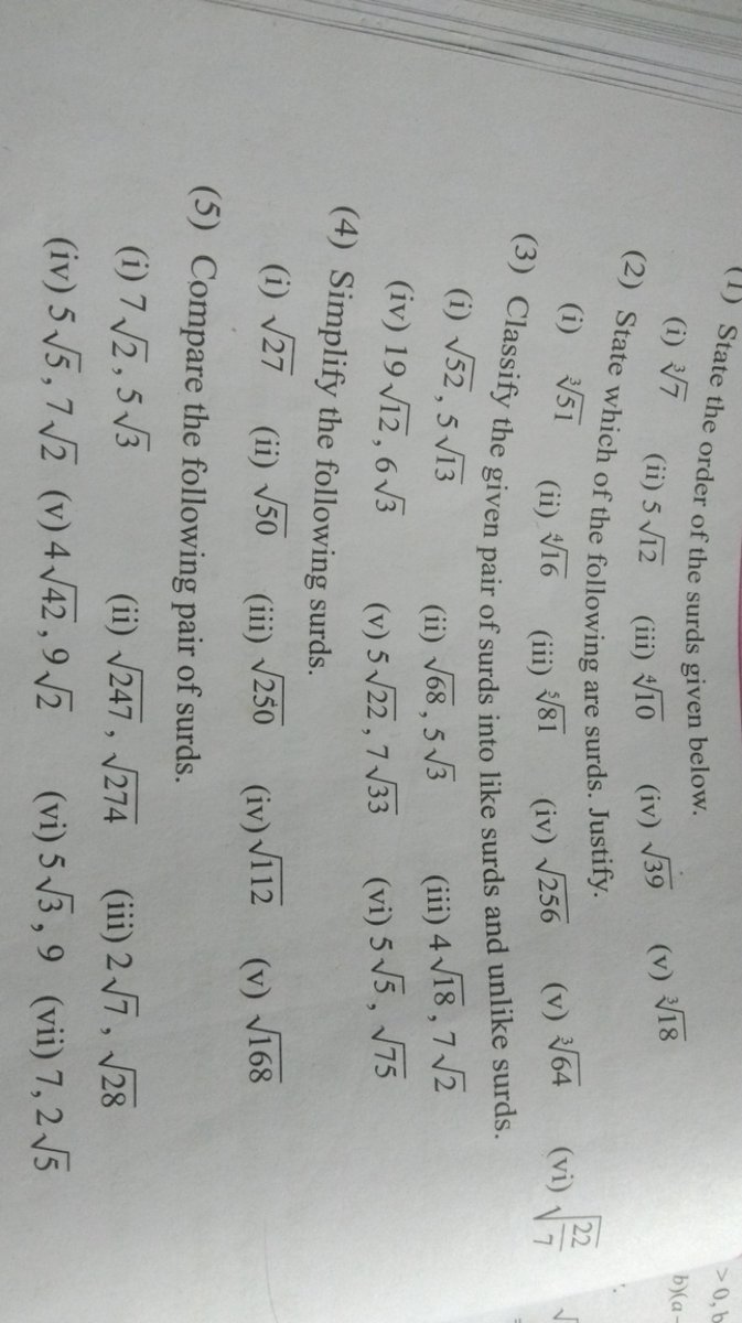 Here are the questions: State the order of the surds given below. (i..