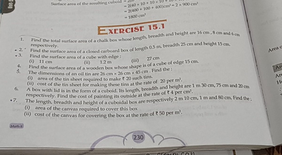 EXERCISE 15.1 Find the total surface area of a chalk box whose length, b..