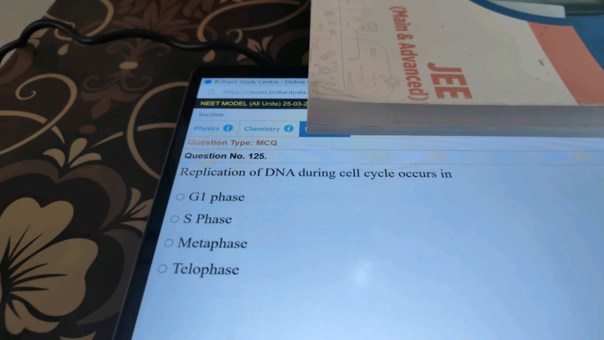 Replication of DNA during cell cycle occurs in A. G1 phase B. S Phase C...