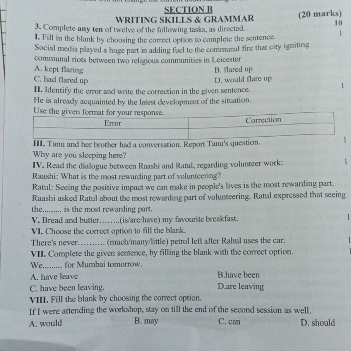 SECTION B WRITING SKILLS & GRAMMAR 3. Complete any ten of twelve of the f..