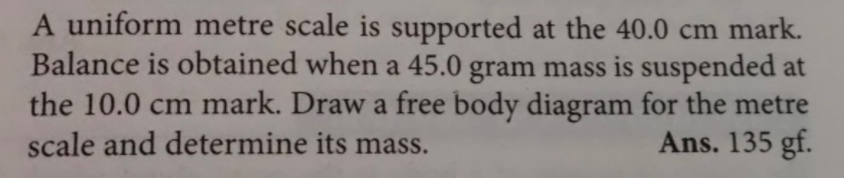 A uniform metre scale is supported at the 40.0 cm mark. Balance is obtain..