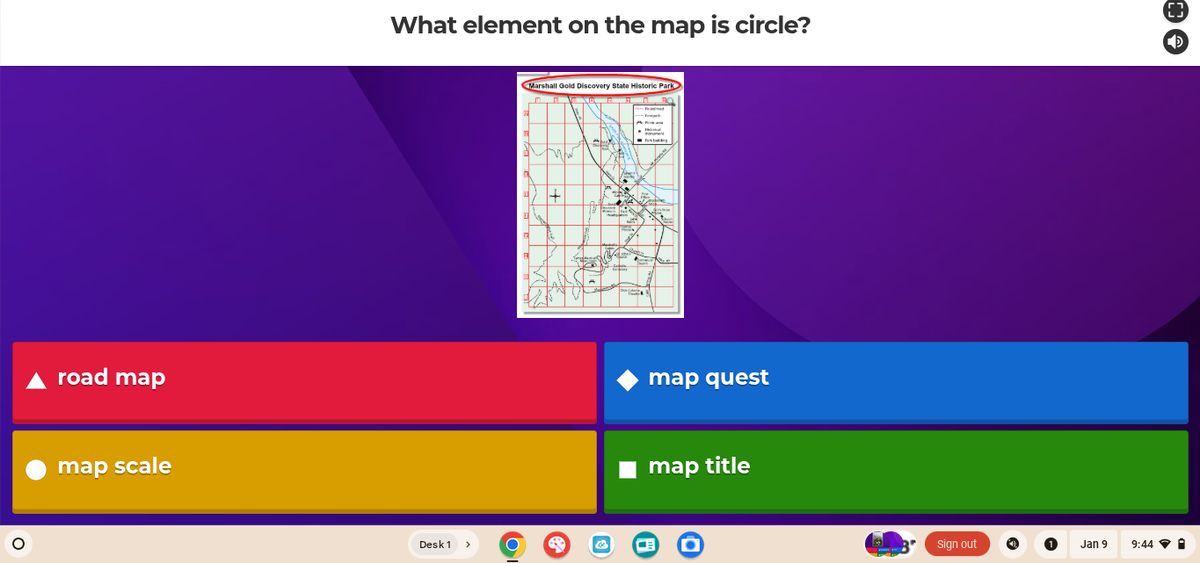 What element on the map is circled? A. road map B. map quest C. map scal..