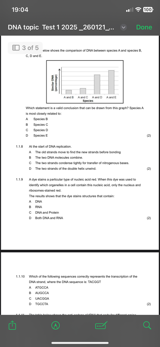 Below shows the comparison of DNA between species A and species B, C, D a..
