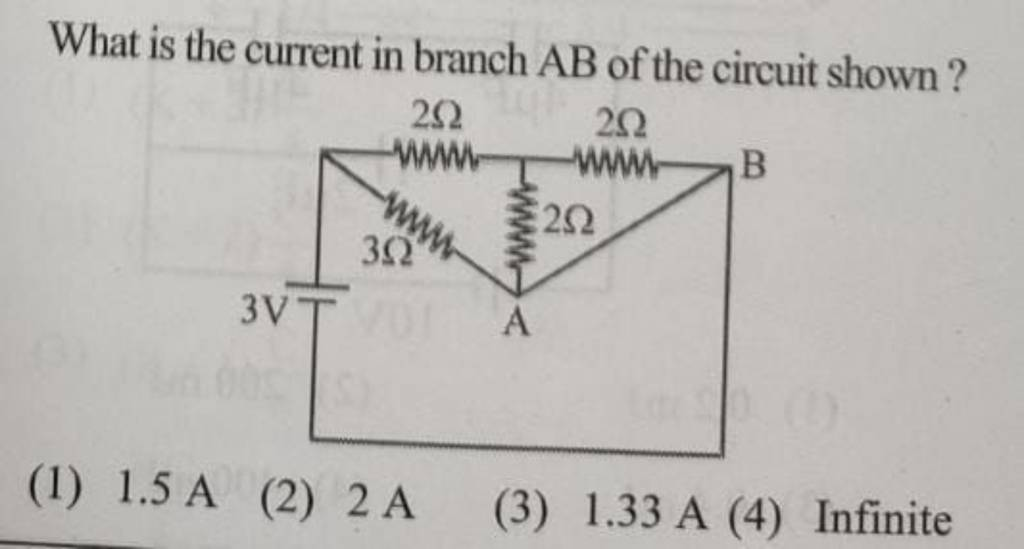 What is the current in branch AB of the circuit shown? (1) 1.5 A (2) 2 A
