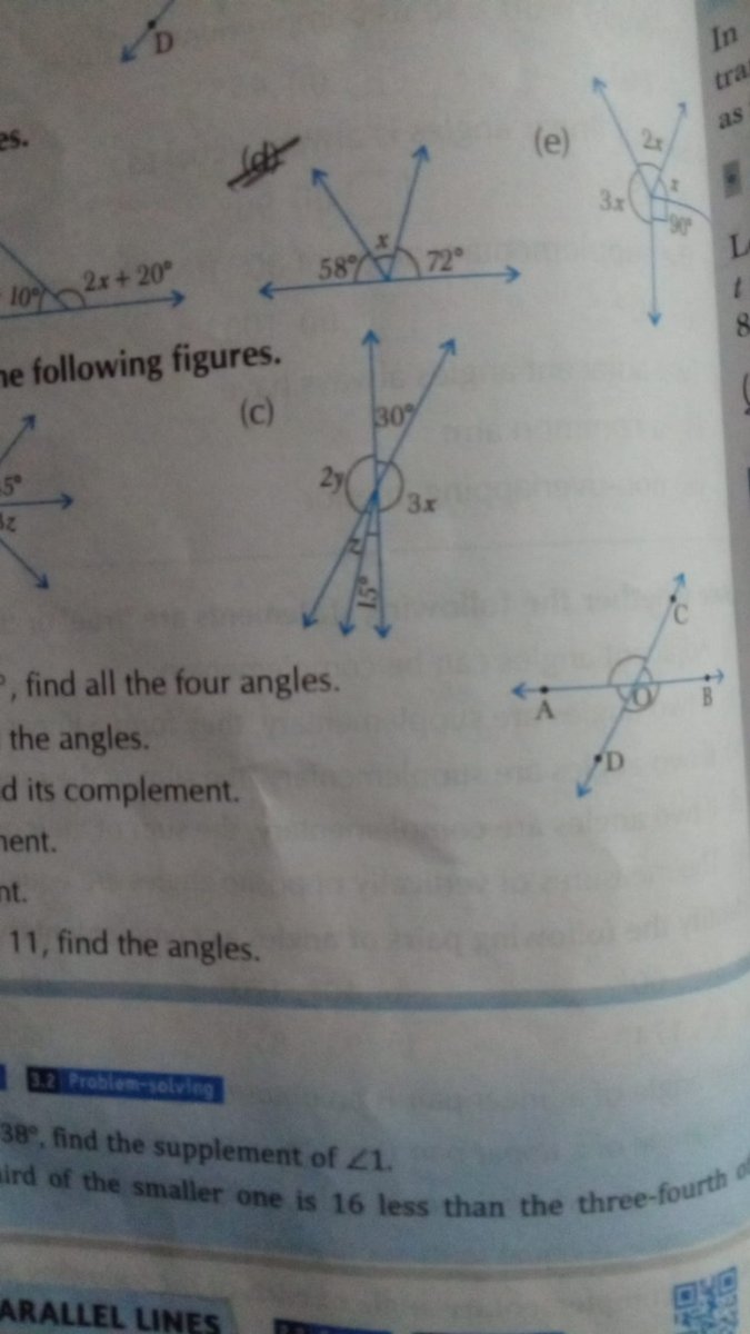 Solve the following figures: (d) An angle is divided into three parts by..