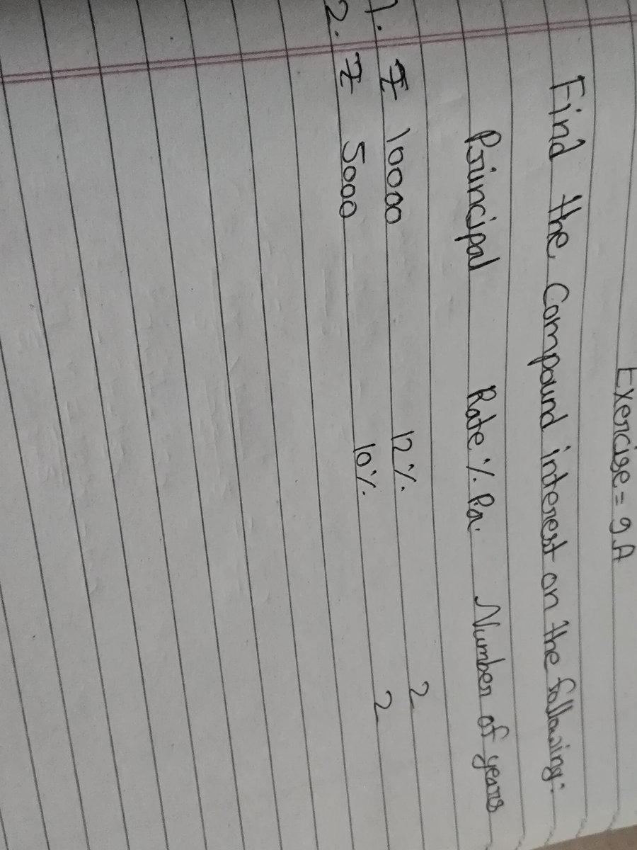 Exercise = 9A Find the Compound interest on the following: | Principal