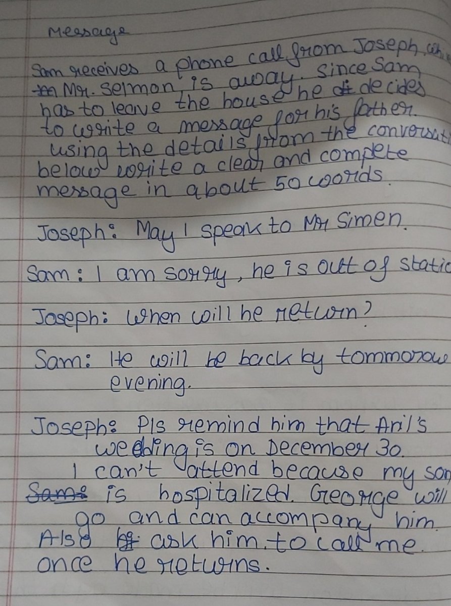 Sam receives a phone call from Joseph. Mr. Selmon is away. Since Sam has