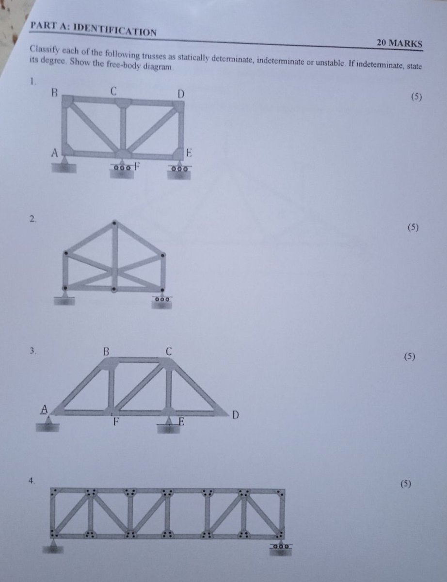 Classify each of the following trusses as statically determinate, indeter..