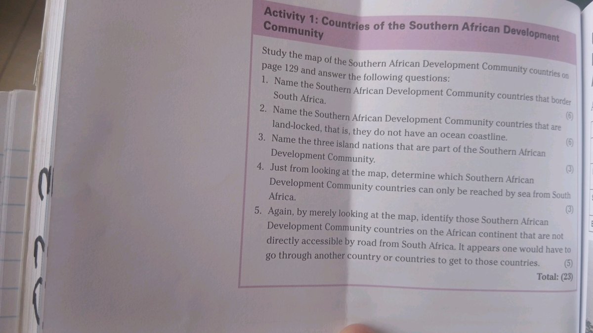 SADC Map Activity Questions Study the map of the Southern African Develo..