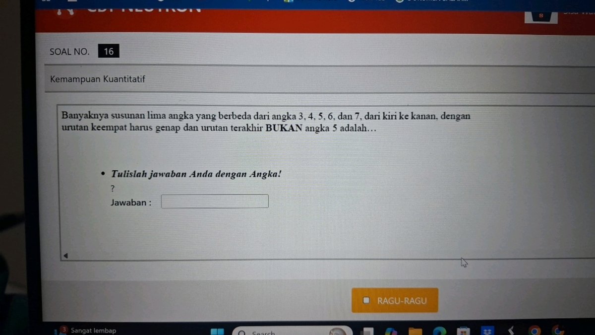 Banyaknya susunan lima angka yang berbeda dari angka 3, 4, 5, 6, dan 7, d..
