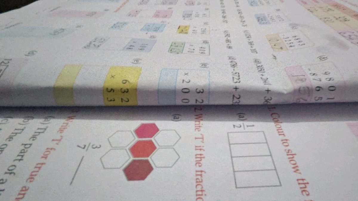 Here are some questions from a math worksheet: 1. Colour to show the fra..