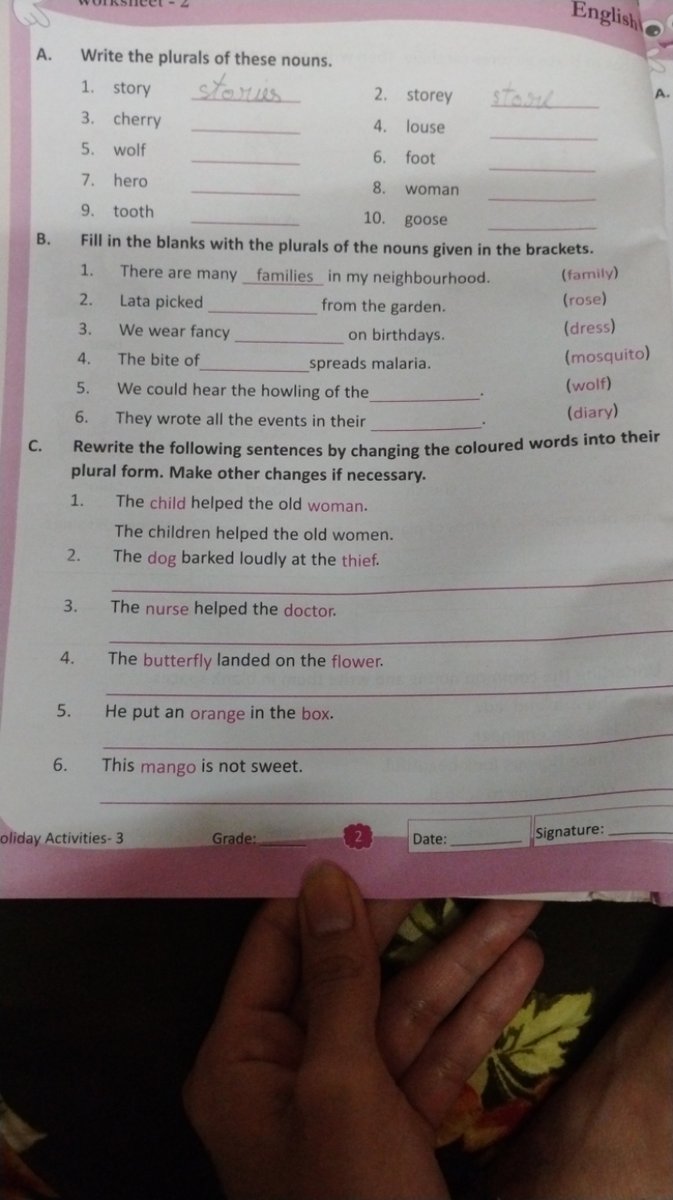 English A. Write the plurals of these nouns. story \qquad stories storey