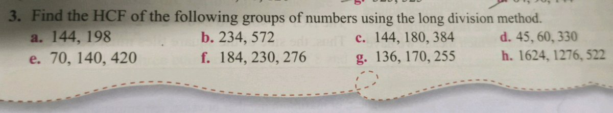 Find the HCF of the following groups of numbers using the long division m..
