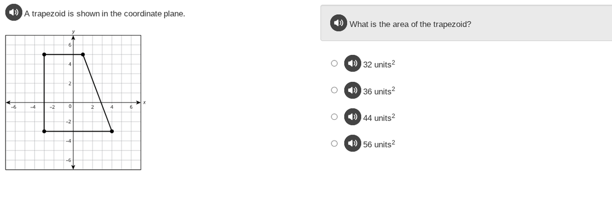 A trapezoid is shown in the coordinate plane. What is the area of the tr..