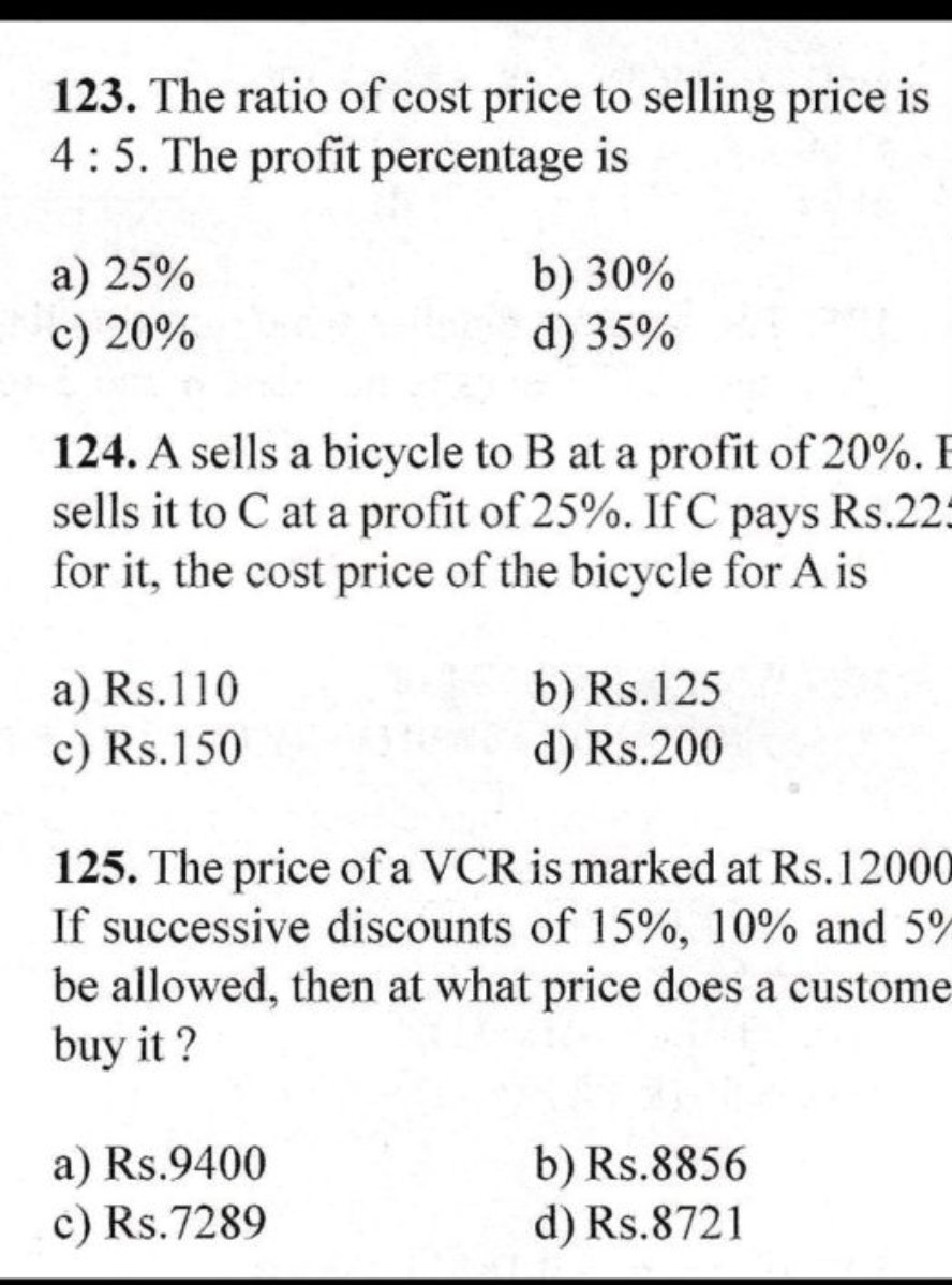 The ratio of cost price to selling price is 4: 5. The profit percentage i..