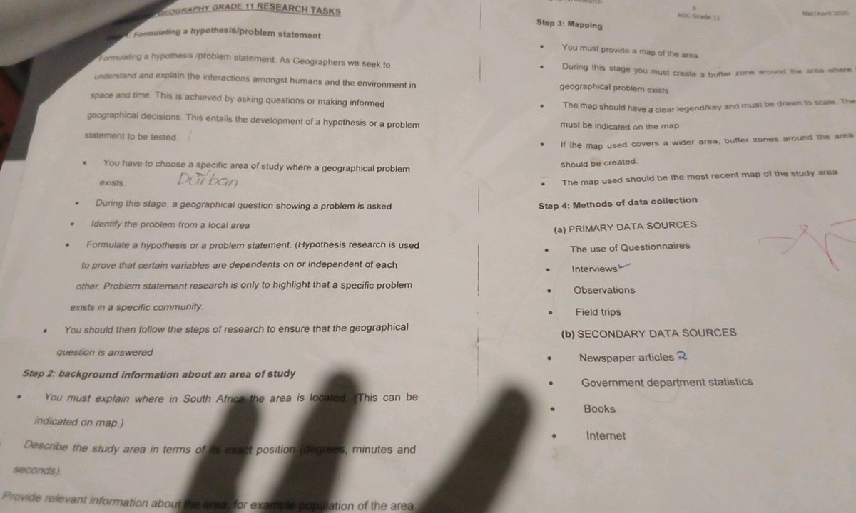 GEOGRAPHY GRADE 11 RESEARCH TASKS Step Formulating a hypothesis/problem s..