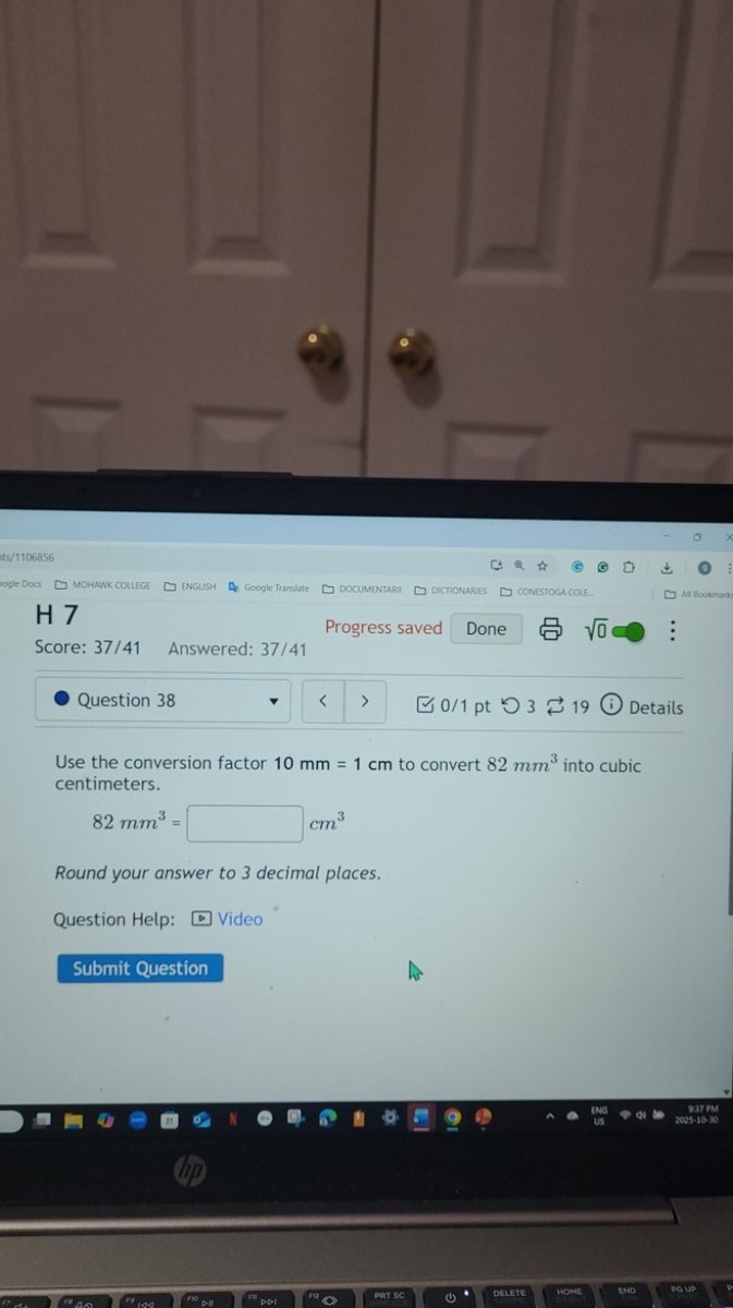 Use the conversion factor 10 mm = 1 cm to convert 82 mm³ into cubic centi..