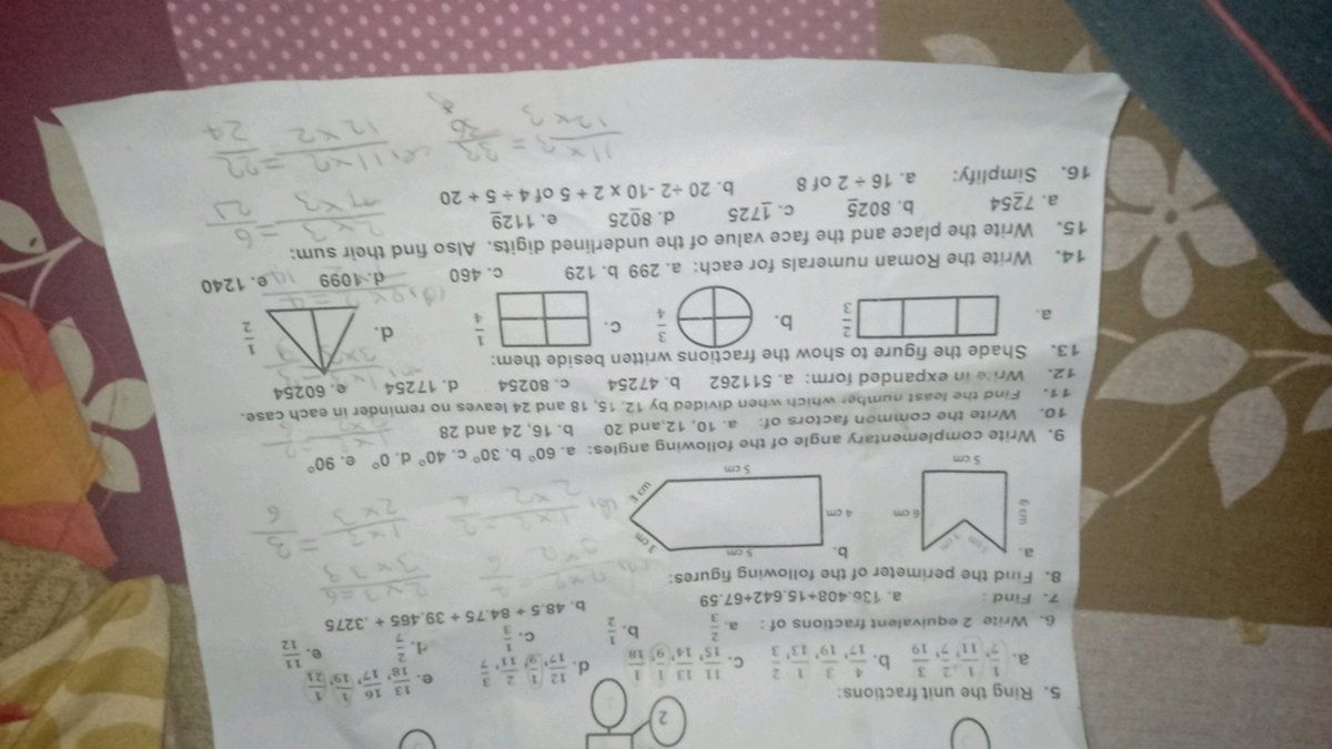 Multiple Math Questions from Worksheet Ring the unit fractions: a. \f..