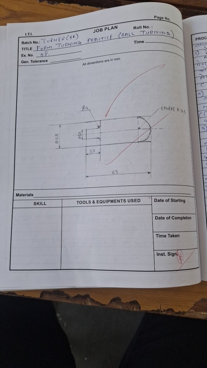 The image shows a 'JOB PLAN' for 'FORM TURNING PRACTICE (BALL TURNING)' w..