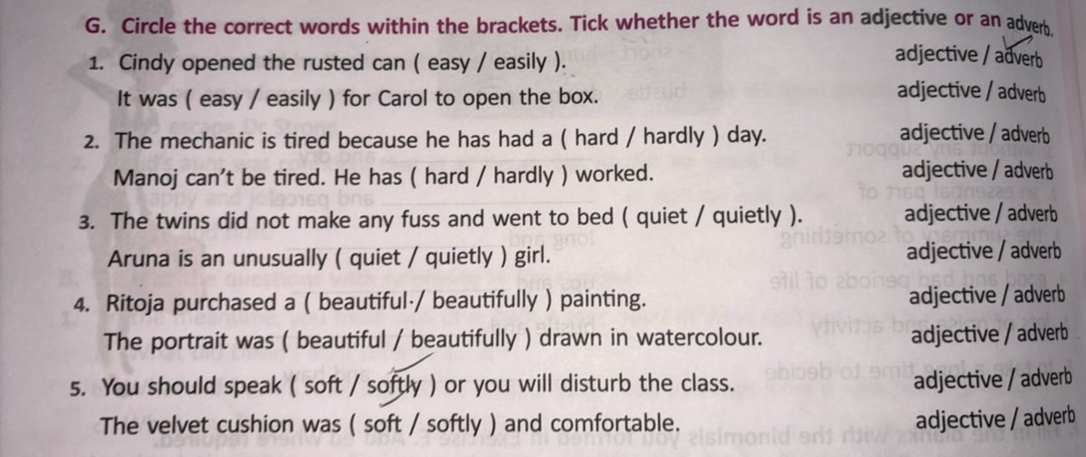 G. Circle the correct words within the brackets. Tick whether the word is..