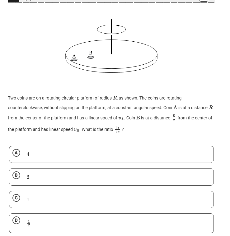 Two coins are on a rotating circular platform of radius R, as shown. The