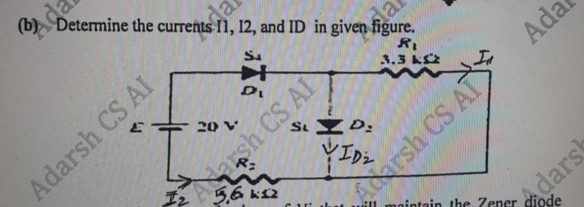 Determine the currents I1, I2, and ID in given figure. (The figure shows..