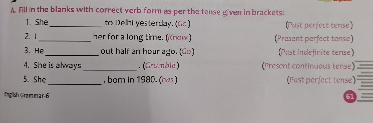 A. Fill in the blanks with correct verb form as per the tense given in br..