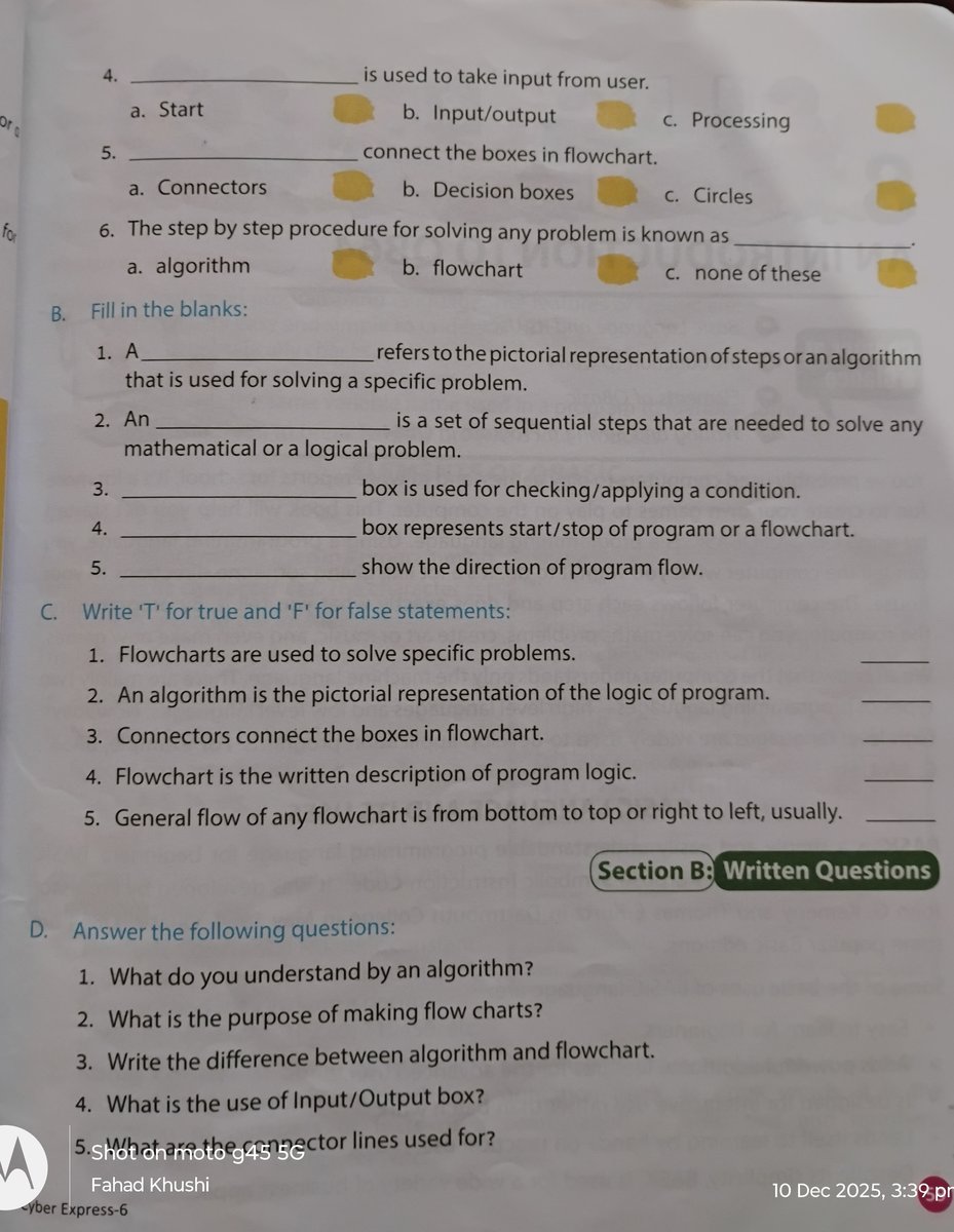Here are multiple questions related to algorithms and flowcharts: A. Mul..