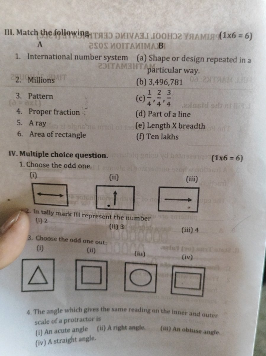 III. Match the following (1x6 = 6) A International number system Million..