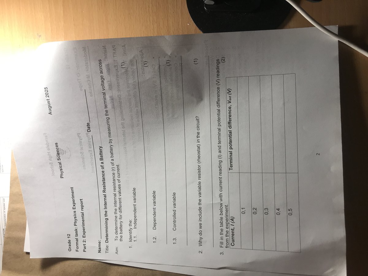 Grade 12 Formal task: Physics Experiment Part 2: Experimental report Nam..