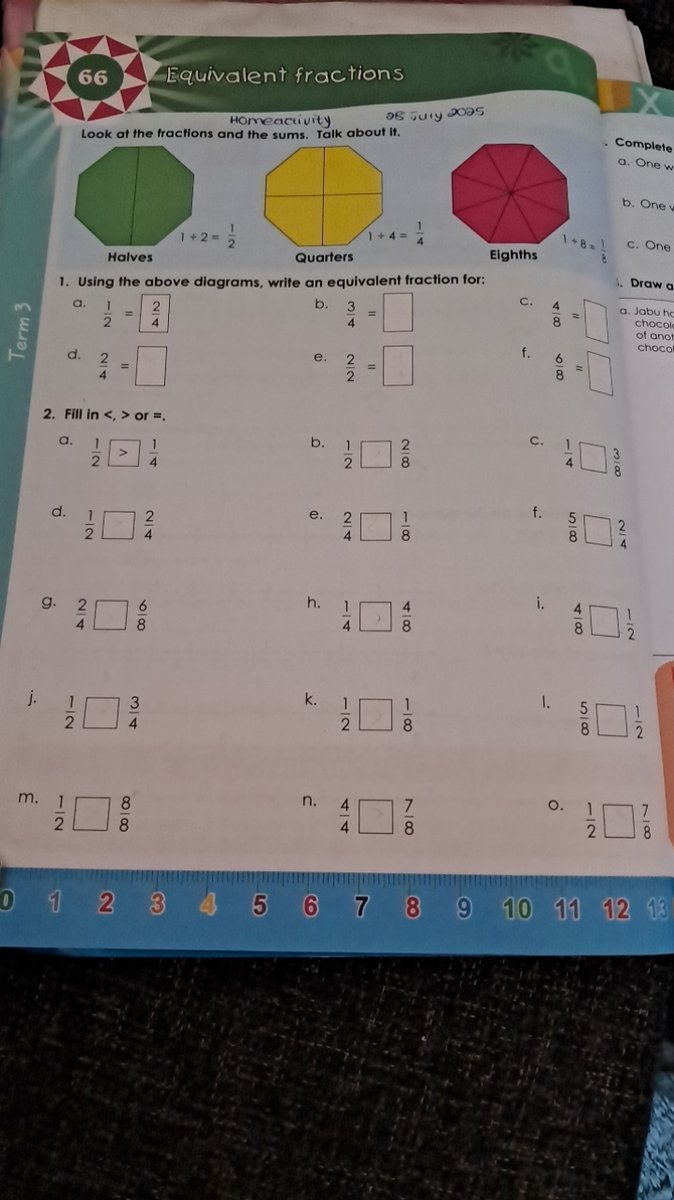 1. Using the above diagrams, write an equivalent fraction for: a. \frac{..