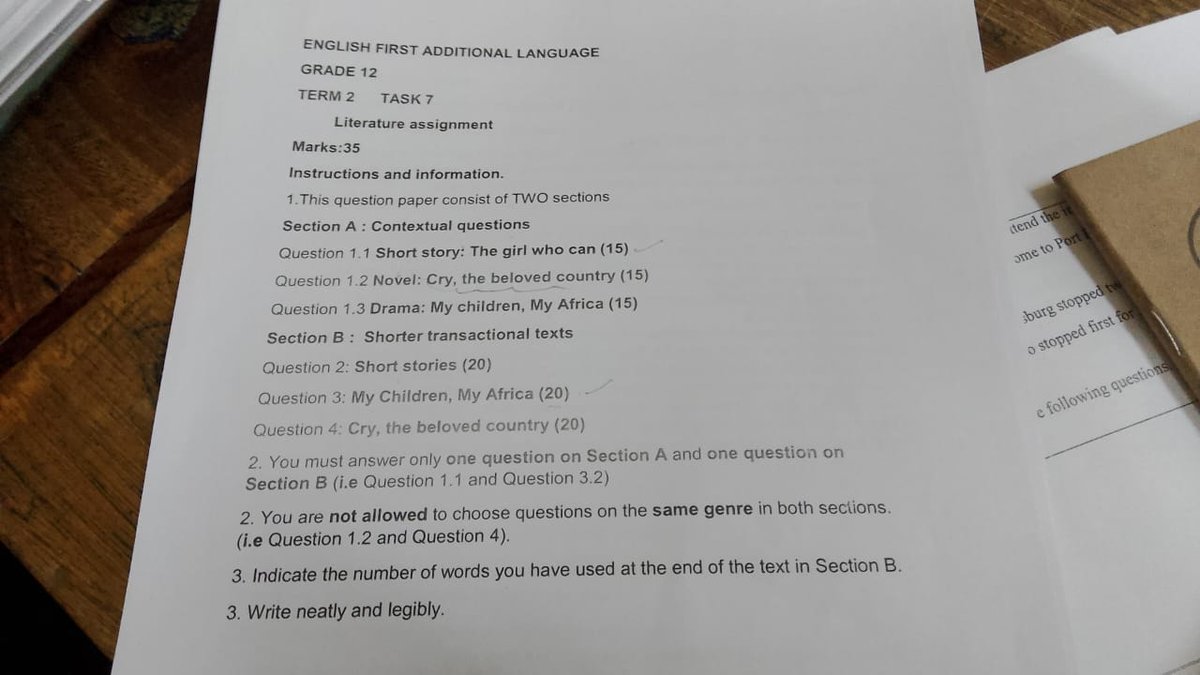 ENGLISH FIRST ADDITIONAL LANGUAGE GRADE 12 TERM 2 TASK 7 Literature assig..