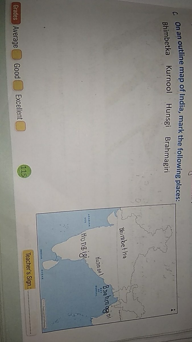 On an outline map of India, mark the following places: Bhimbetka, Kurnool..