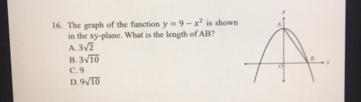 The graph of the function y = 9 - x ^ { 2 } is shown in the xy-plane. Wha..