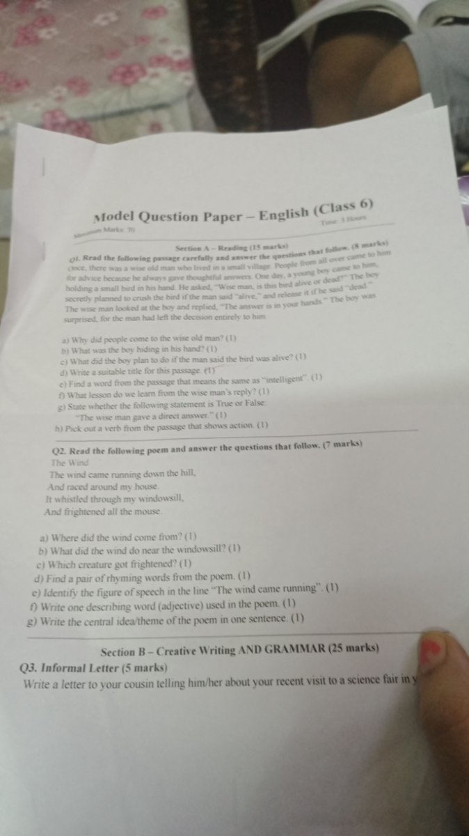 Model Question Paper - English (Class 6) Section A - Reading (15 marks)
