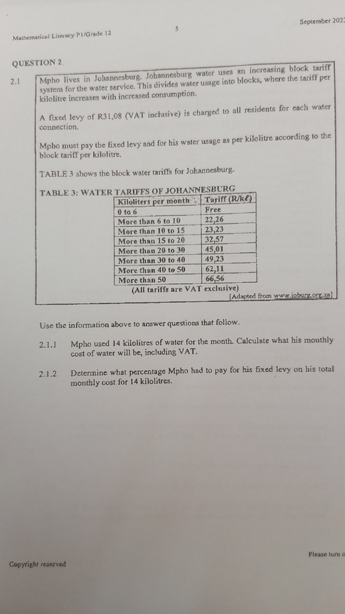 TABLE 3: WATER TARIFFS OF JOHANNESBURG | Kiloliters per month | Tari..