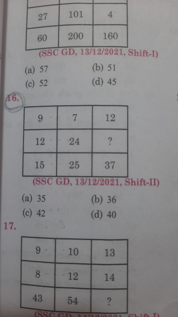 Here are three tables with numbers, and some options for each question. F..